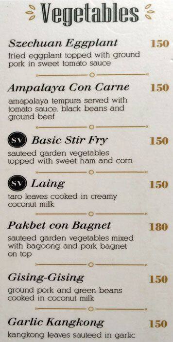 Menu at Sol Victoria's restaurant, Parañaque