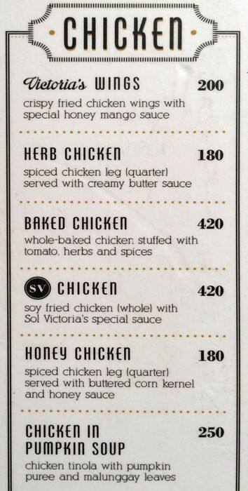 Menu at Sol Victoria's restaurant, Parañaque