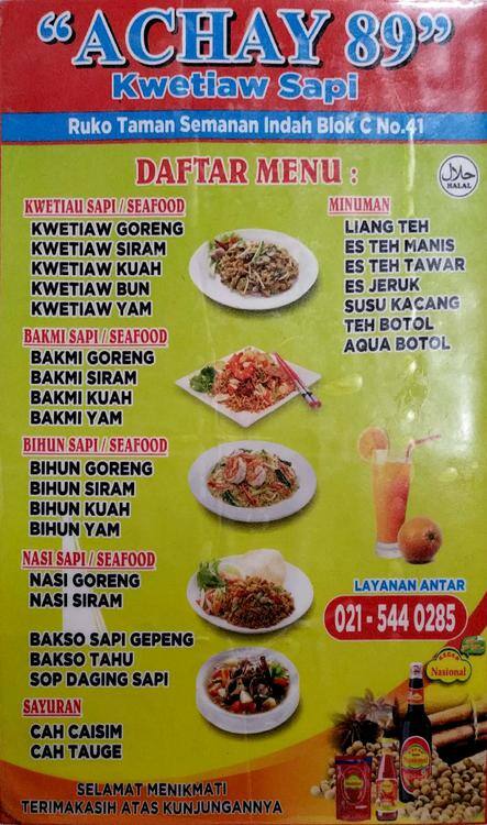 Menu at Kwetiau Sapi Achay 89 restaurant, Jakarta