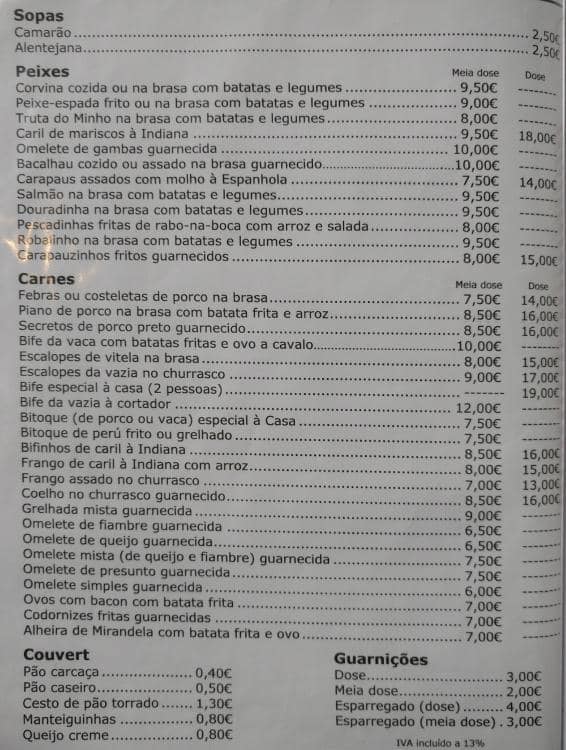 Menu at Casa da Índia restaurant, Lisbon
