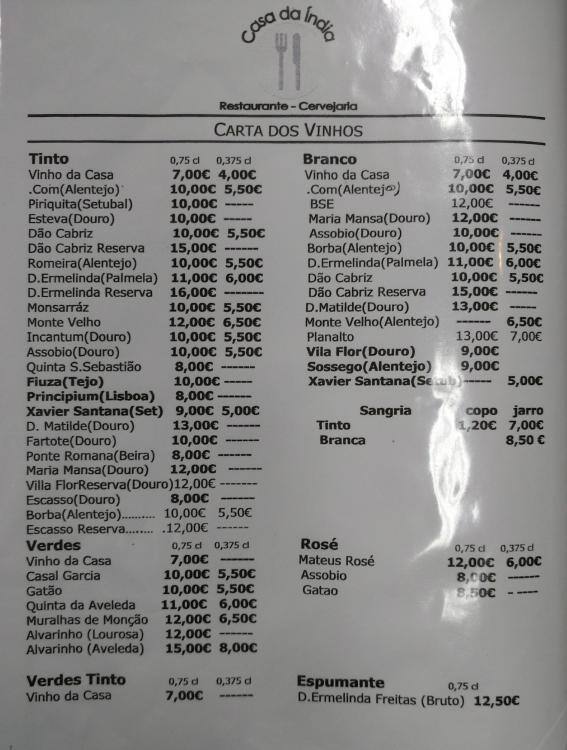 Menu at Casa da Índia restaurant, Lisbon