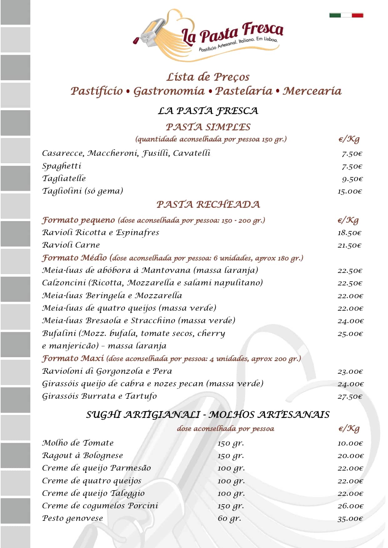 Menu at La Pasta Fresca pizzeria, Lisbon, Avenida 5 de Outubro 186