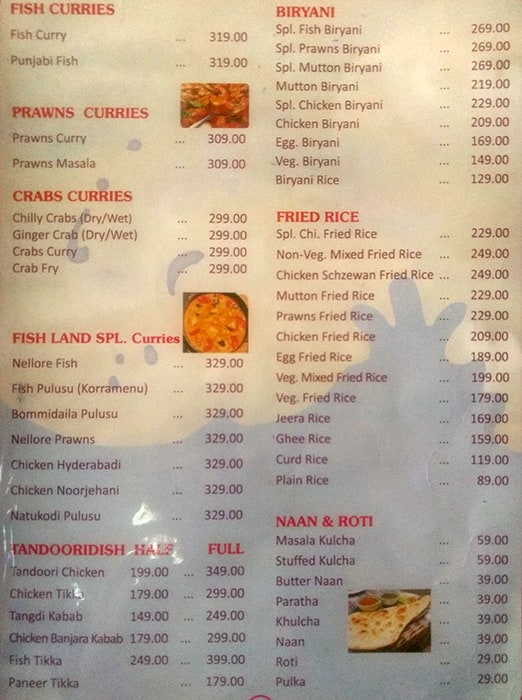 Menu at Fishland Restaurant, Hyderabad, CF37+XGV
