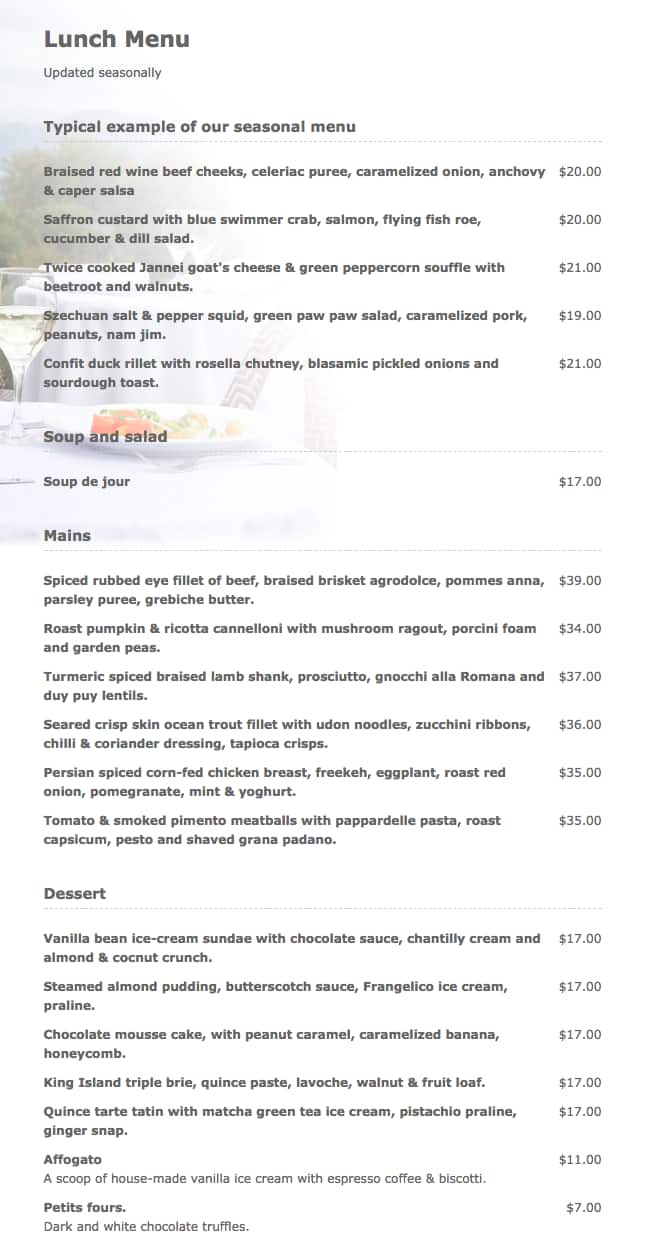 Menu at Solitary restaurant, Katoomba