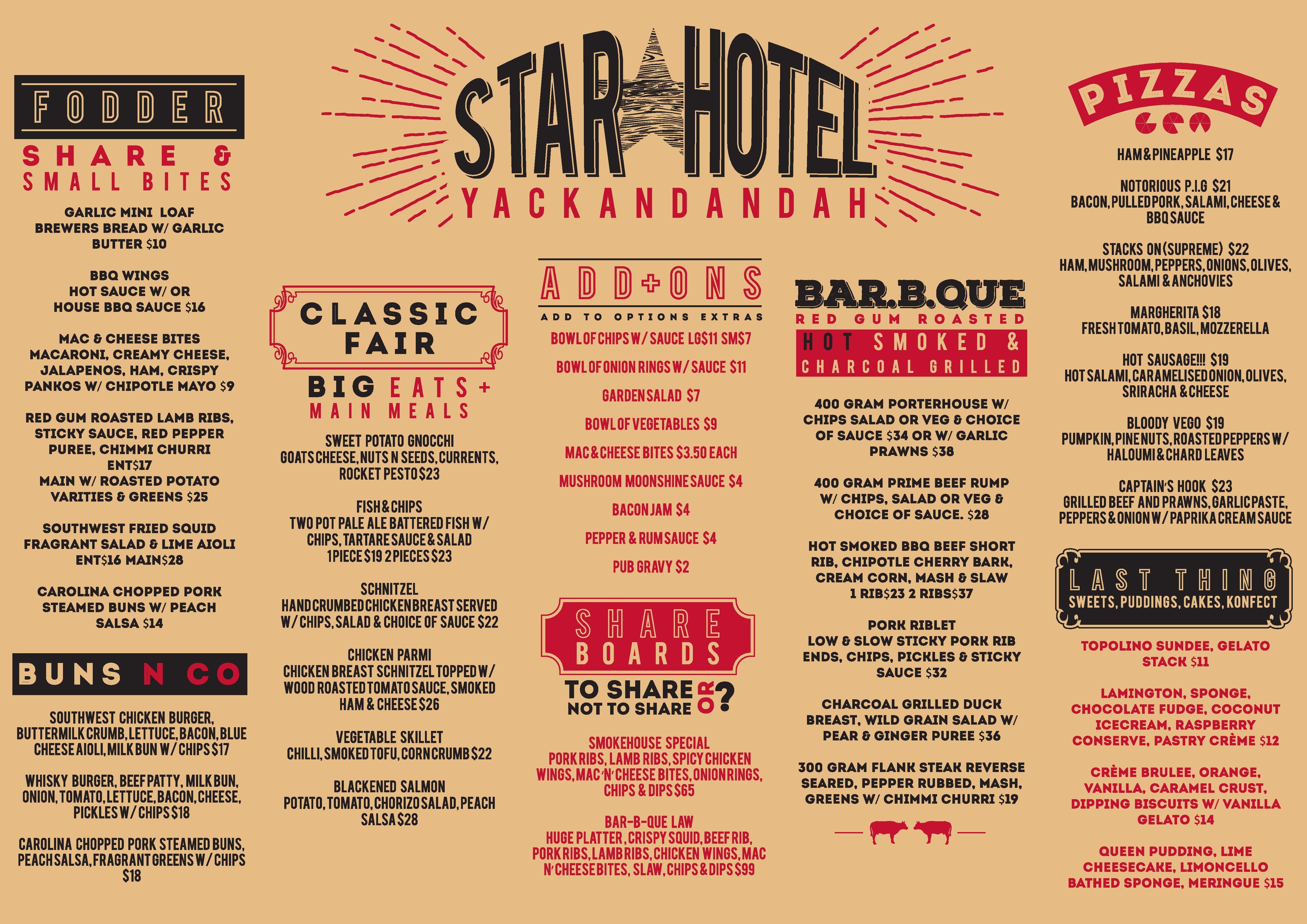 Menu at The Star Hotel pub & bar, Yackandandah