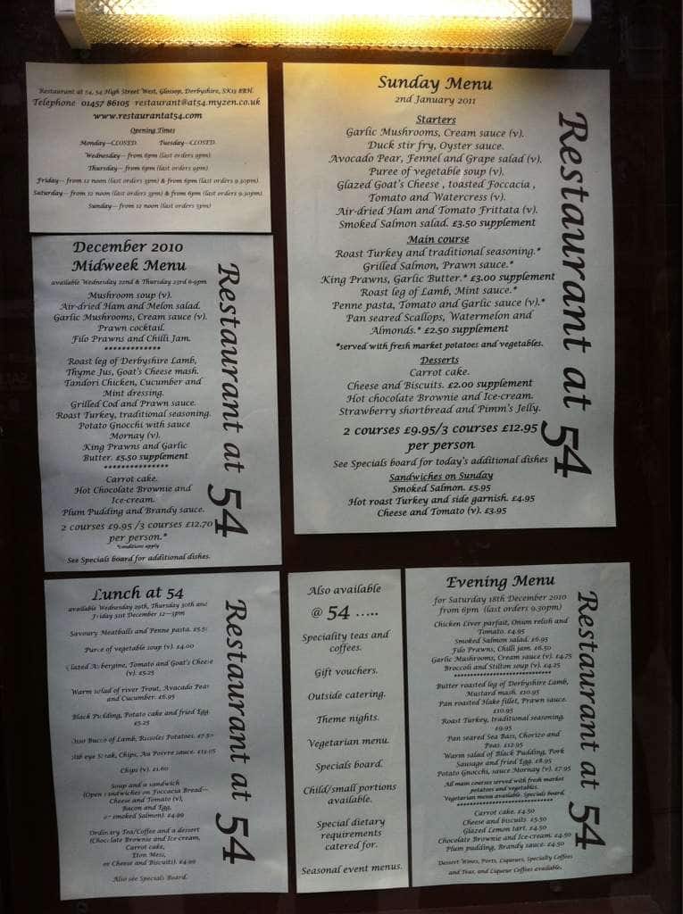 Menu at Restaurant at 54, Glossop