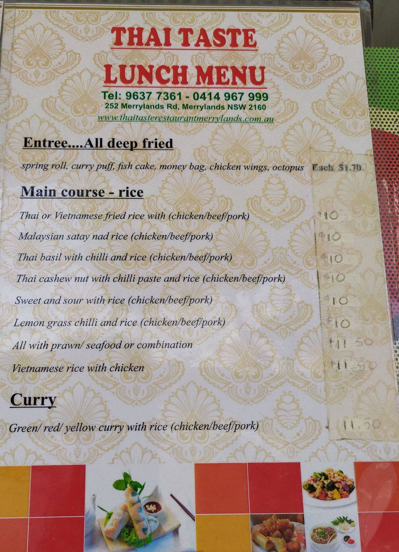 Menu at Thai Taste restaurant, Merrylands