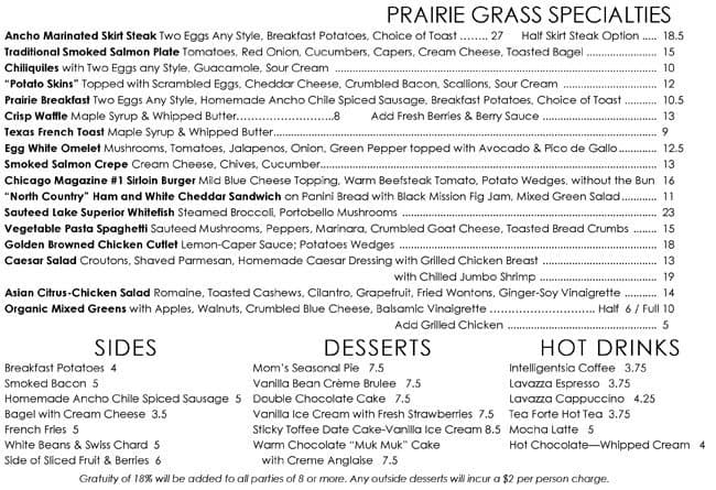 Menu at Prairie Grass Cafe, Northbrook