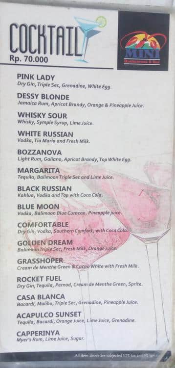 Menu at Mini Restaurant, Kuta, Jln Legian No.77