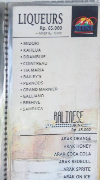 Menu at Mini Restaurant, Kuta, Jln Legian No.77