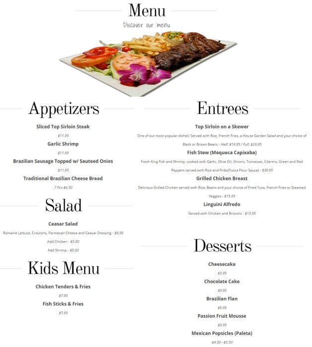 Menu at Cafe Mineiro Brazilian Steakhouse, Orlando, International Dr