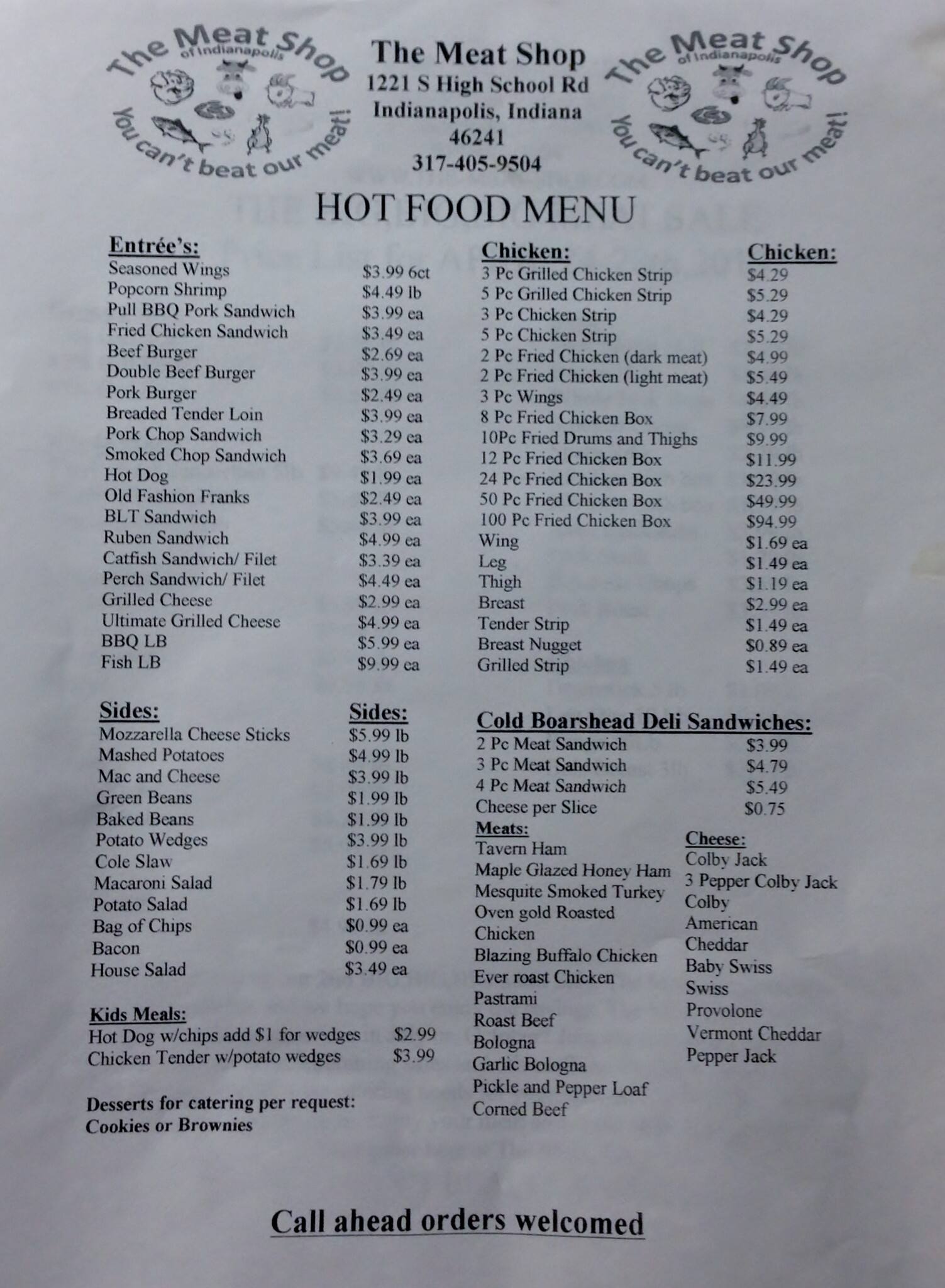 Menu at Meat Shop, Indianapolis, S High School Rd
