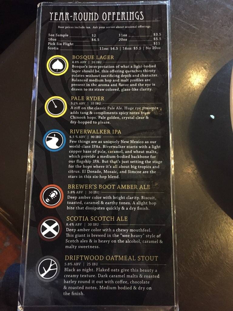 Menu at Bosque Brewing restaurant, Albuquerque, San Mateo Blvd