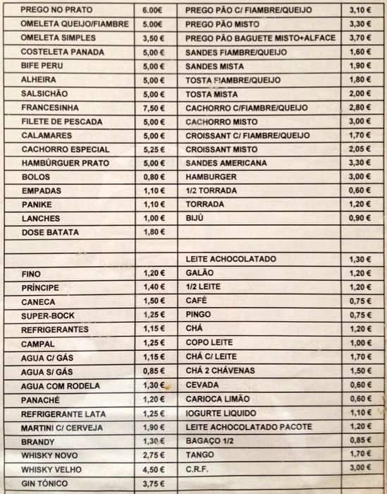 Menu em Café Corcel, Porto