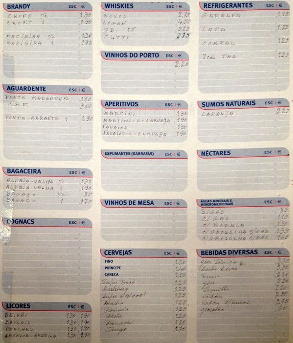 Menu em Café Corcel, Porto