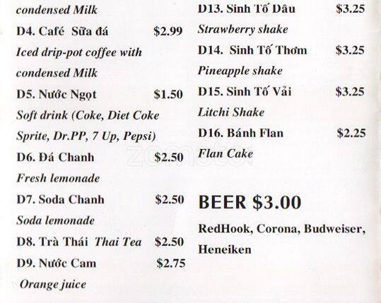 Menu at Pho 36 restaurant, Everett