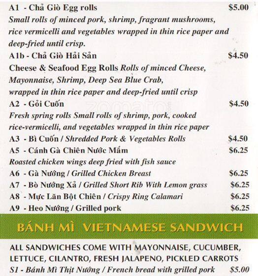 Menu at Pho 36 restaurant, Everett