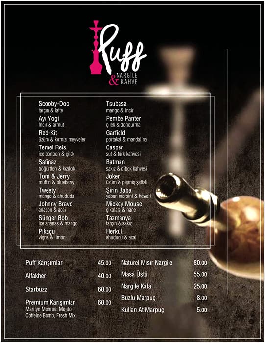 Menu at Puff Nargile Kahve, Istanbul