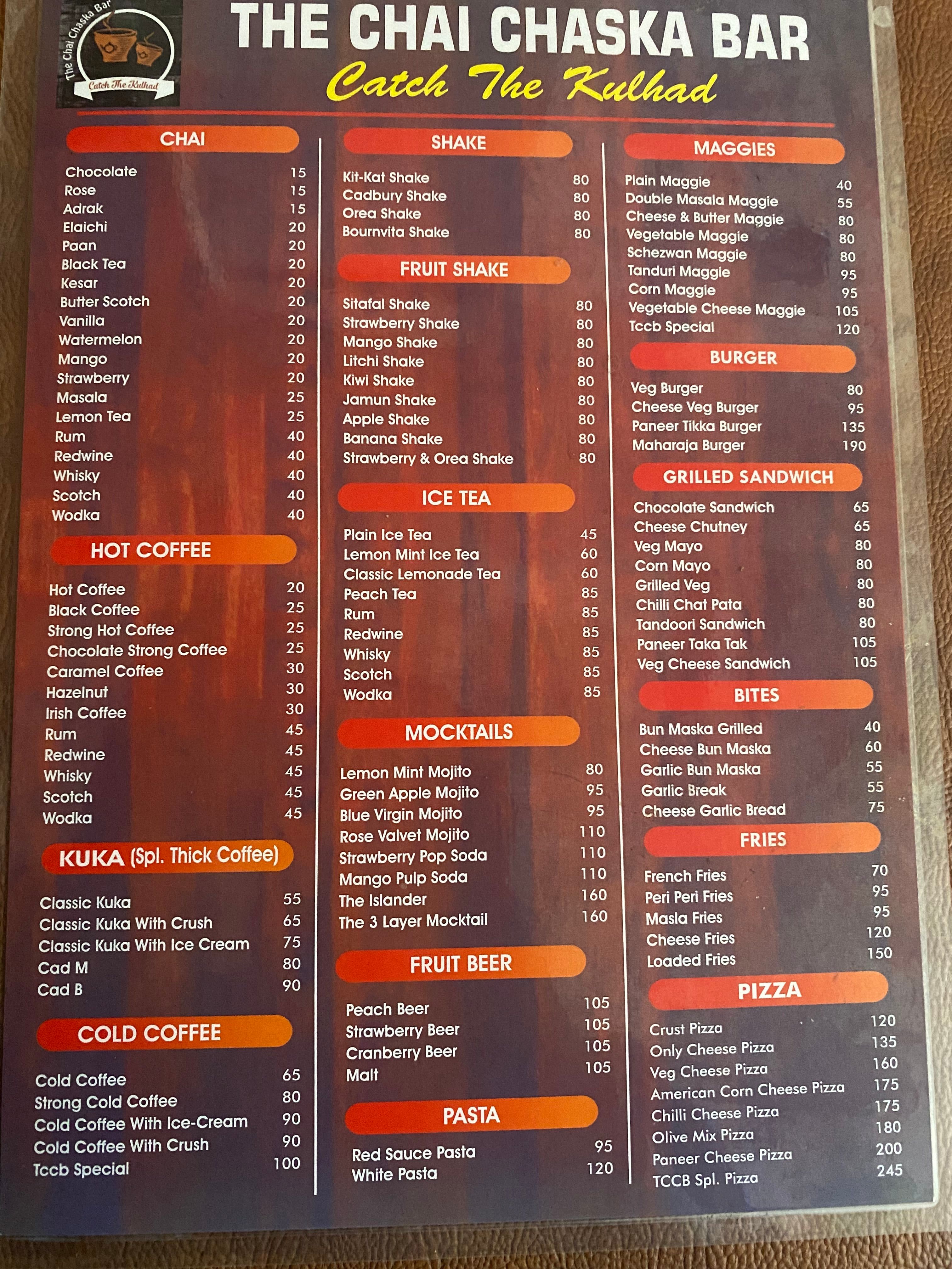 Menu of The Chai Chaska Bar, Dange Chowk, Pune