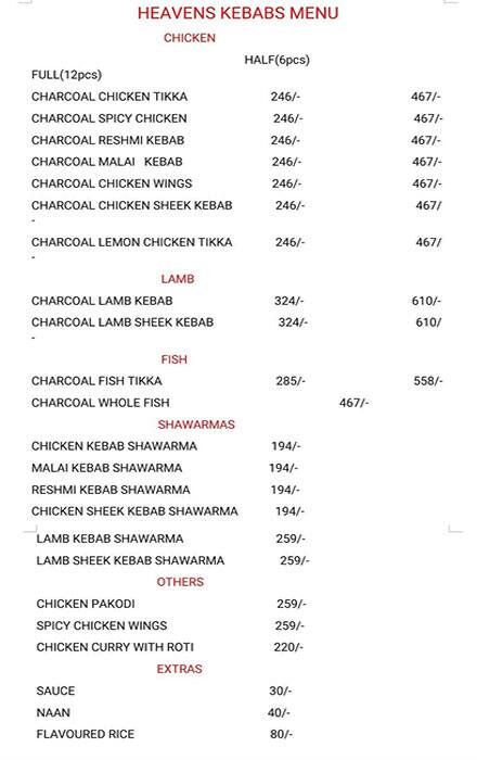 Menu of Heavens Kebabs, Kondapur, Hyderabad