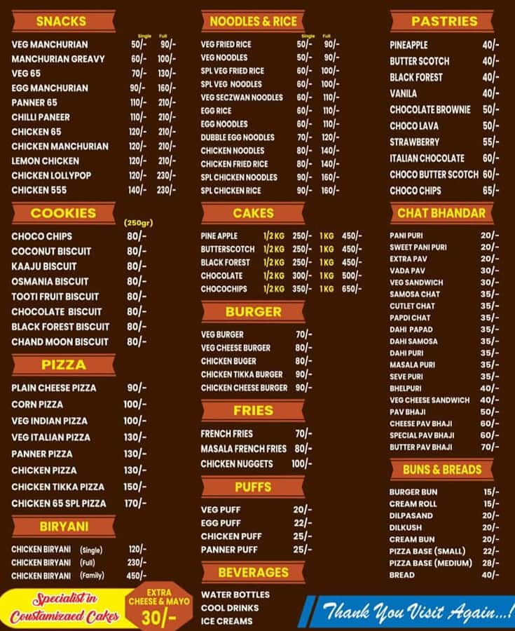 Menu of Aroma Delight Baker’s inn, Vanasthalipuram, Hyderabad