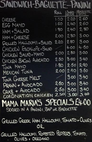 Menu at Mama Marias Coffee Shop cafe, London