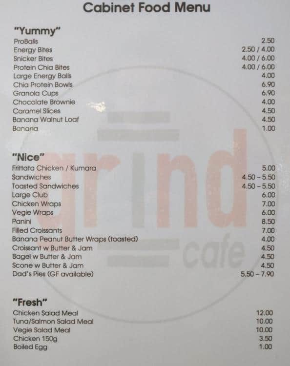 Menu at Grind Cafe, Auckland, 2 Rothwell Ave