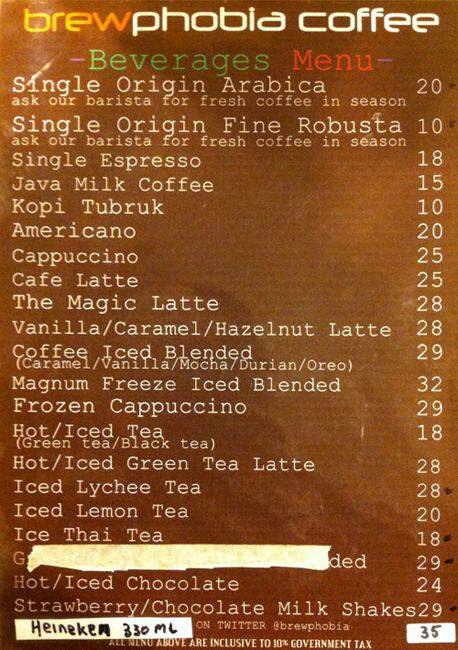 Menu at Brewphobia Coffee cafe, Jakarta, Bluegreen Boutique Office P2 Floor