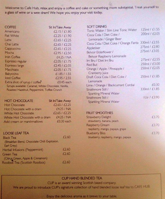 Menu at Cafe Hub, Edinburgh