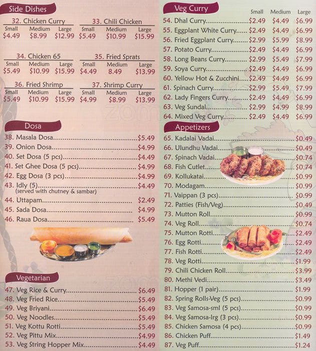 Menu at Annapoorna restaurant, Mississauga