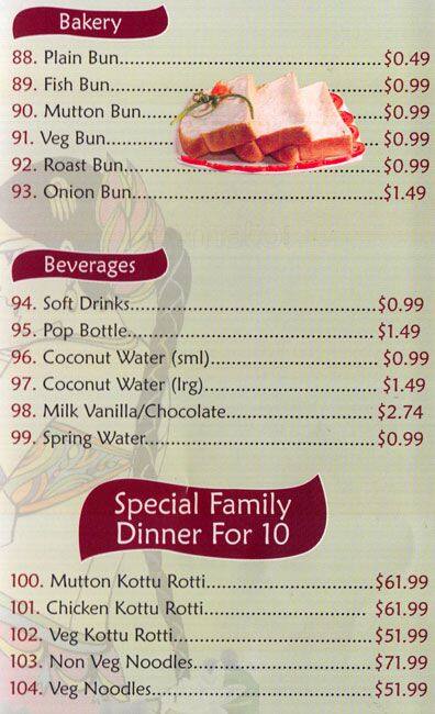 Menu at Annapoorna restaurant, Mississauga