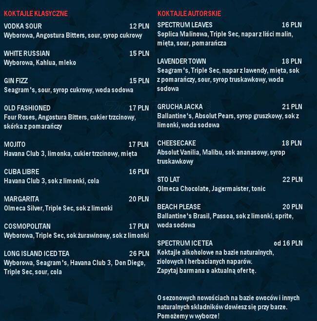 Menu at Spectrum pub & bar, Warsaw
