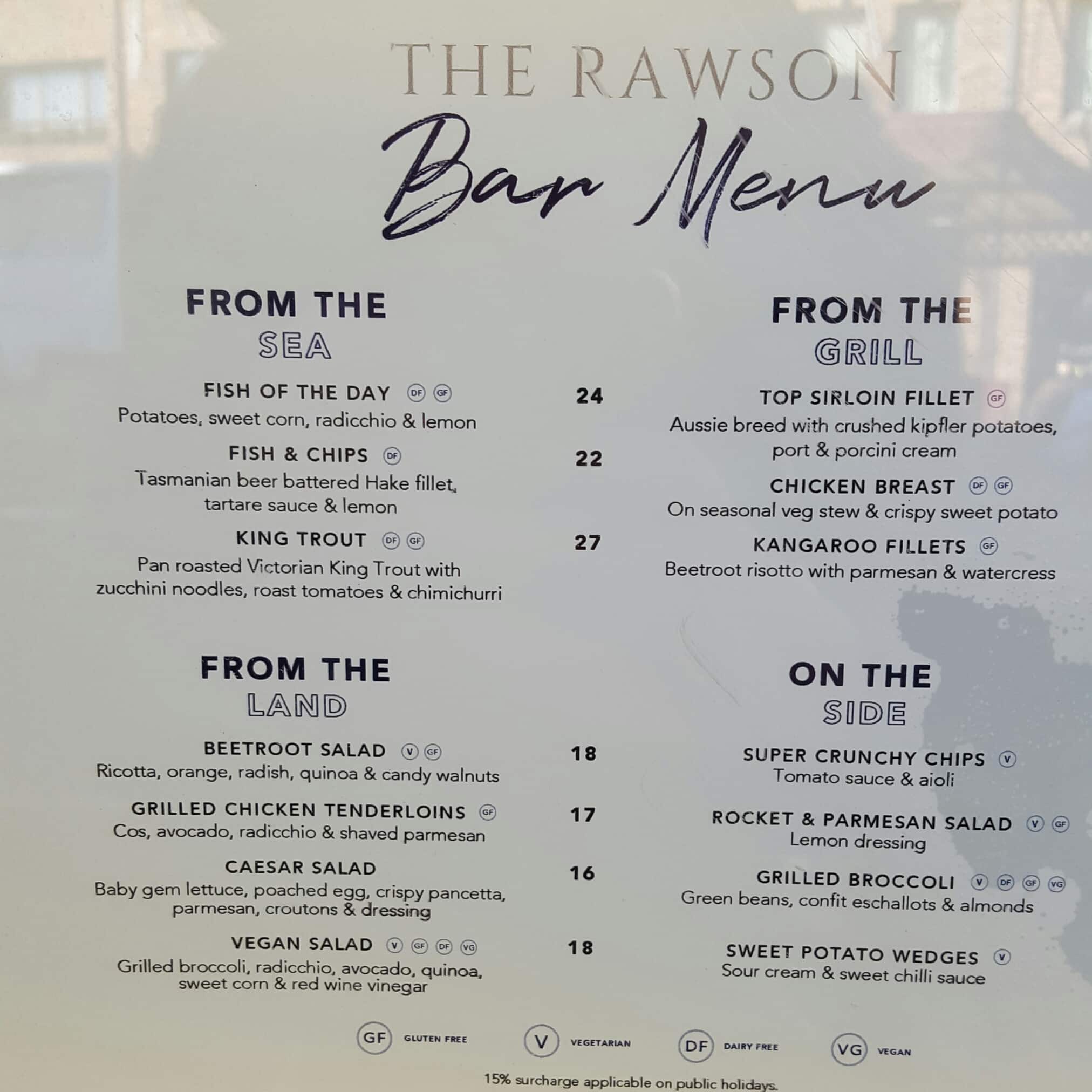 Menu at The Rawson pub & bar, The Rocks