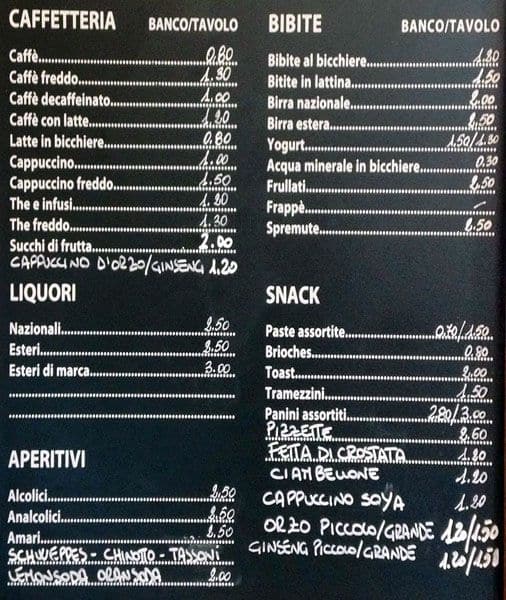 Menu da Bar Ferrari, Roma, Via S. Silverio
