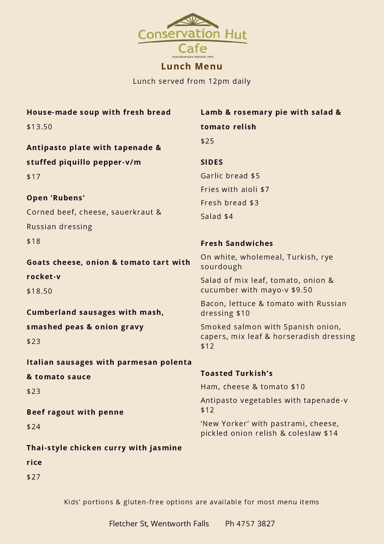 Menu at Conservation Hut Cafe (Under New Management), Wentworth Falls