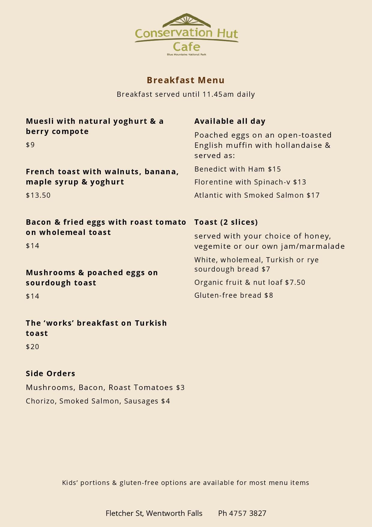 Menu at Conservation Hut Cafe (Under New Management), Wentworth Falls