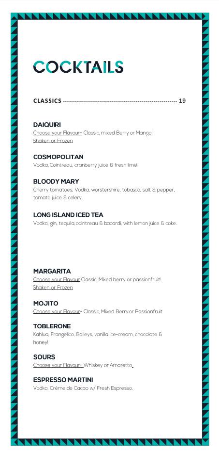 Menu at Bluetrain restaurant, Southbank