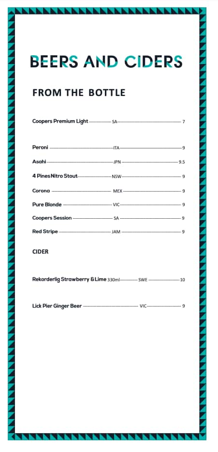 Menu at Bluetrain restaurant, Southbank