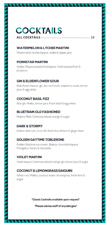 Menu at Bluetrain restaurant, Southbank