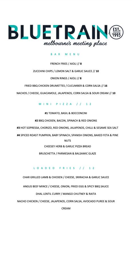 Menu at Bluetrain restaurant, Southbank