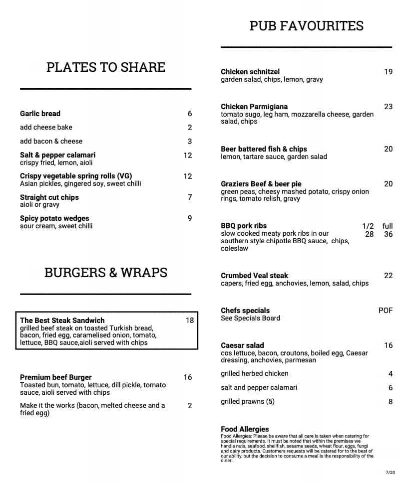 Menu at Brook Hotel pub & bar, Mitchelton