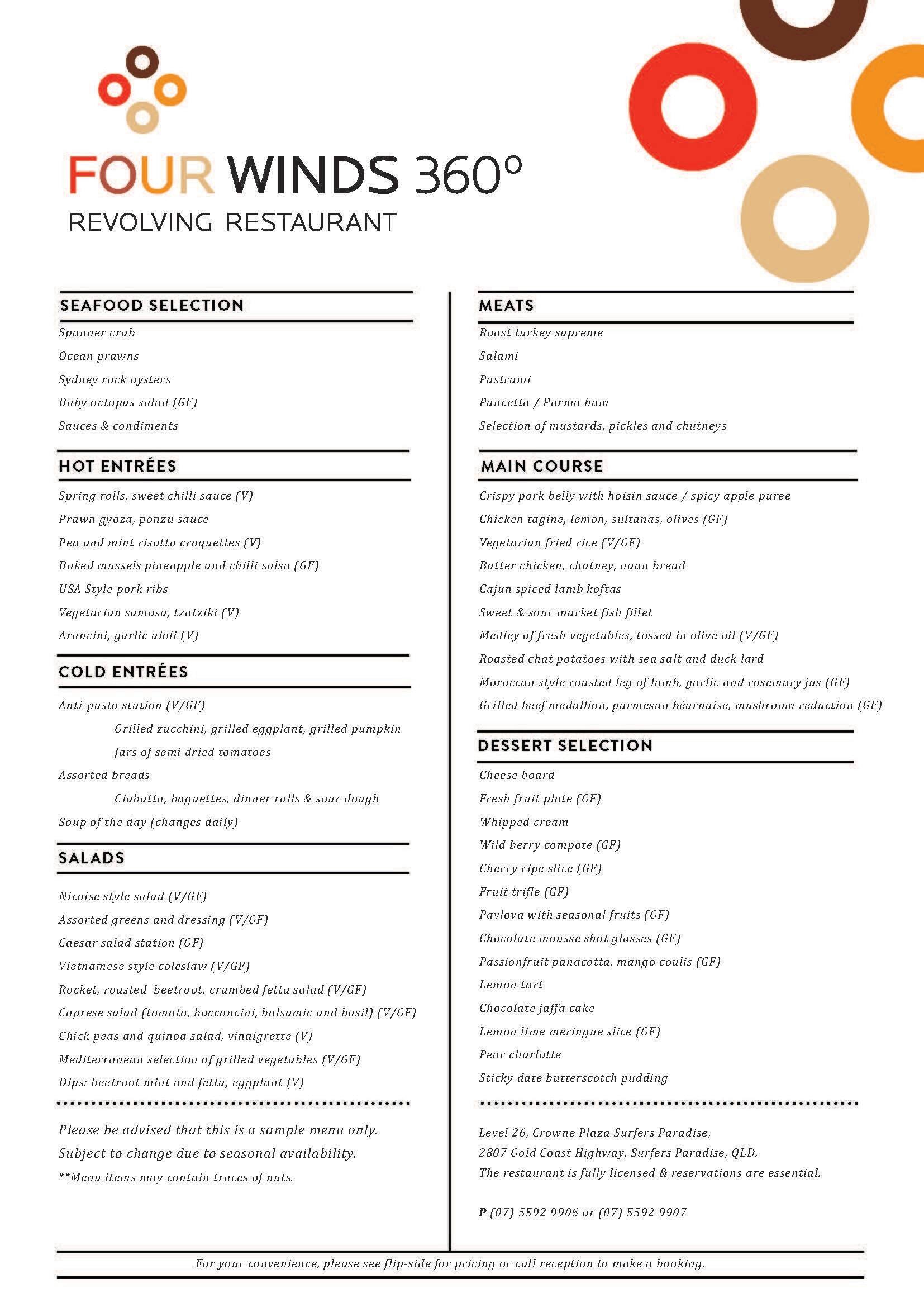 Menu at Four Winds 360 Revolving Restaurant, Surfers Paradise