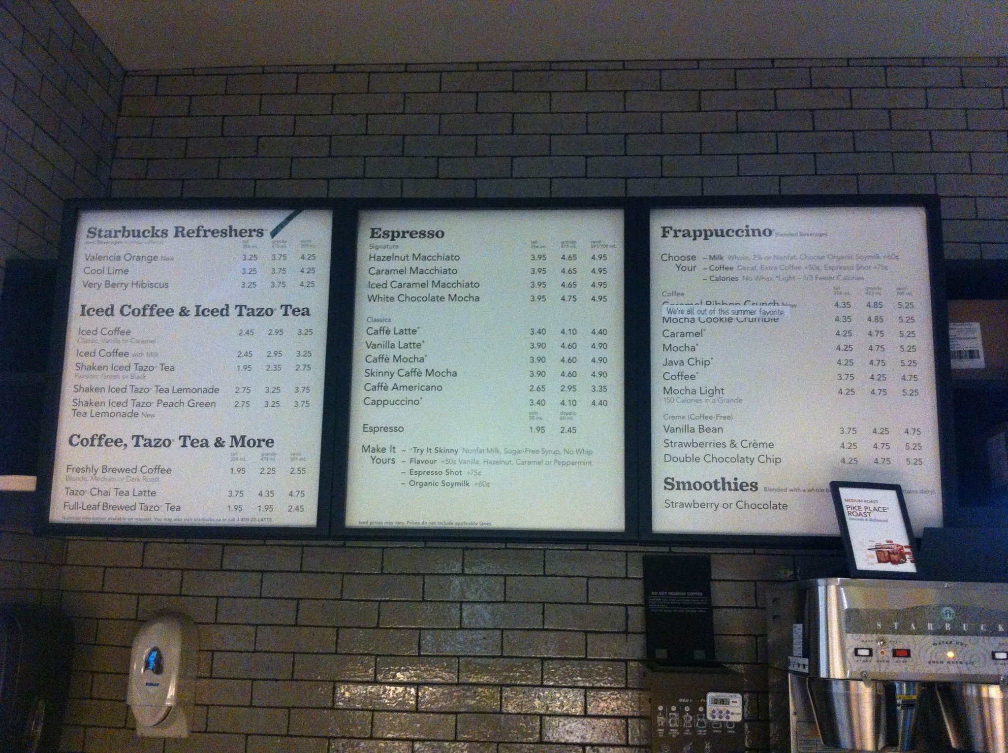 Menu at Starbucks cafe, Lethbridge, Aperture Dr W