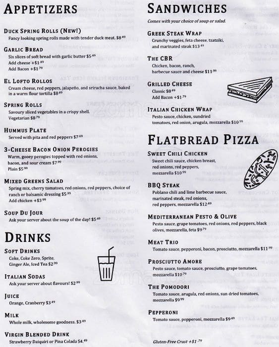 Menu au Level One Game Pub, Ottawa