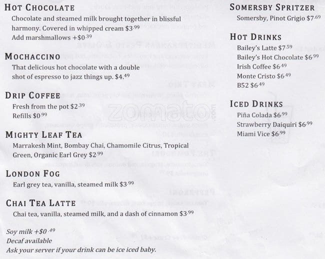 Menu au Level One Game Pub, Ottawa