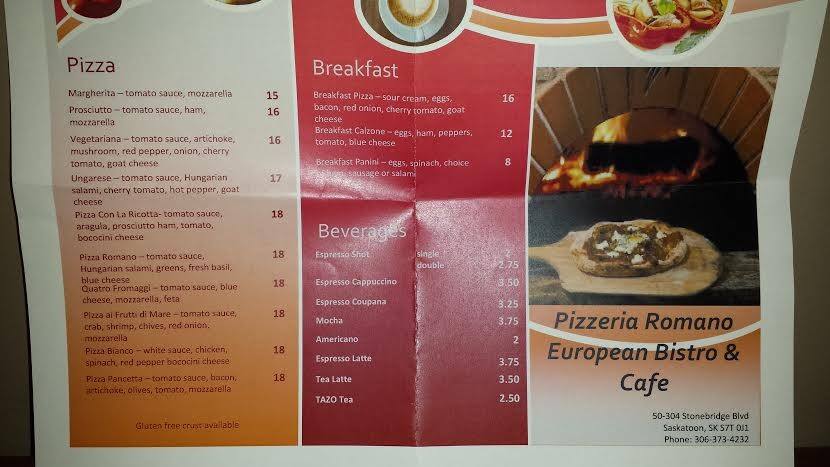 Menu at Pizzeria Romano, Saskatoon, 304 Stonebridge Blvd #50