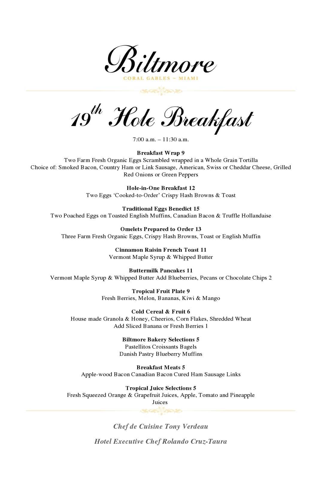 Menu at 19th Hole Bar and Grill, Coral Gables, Anastasia Ave Suite D