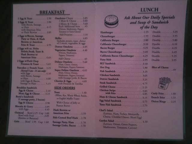 Menu at Rosie's restaurant, Racine