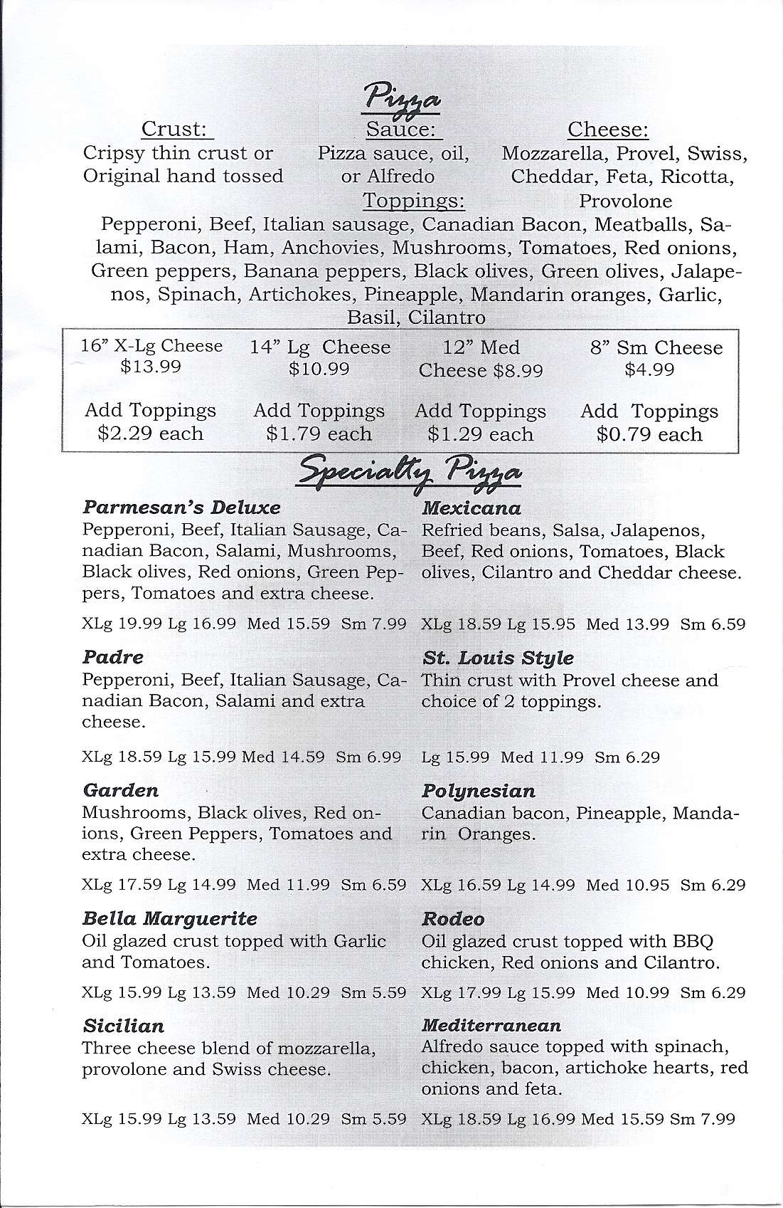 Menu at Parmesan's Pizzeria, Kimberling City