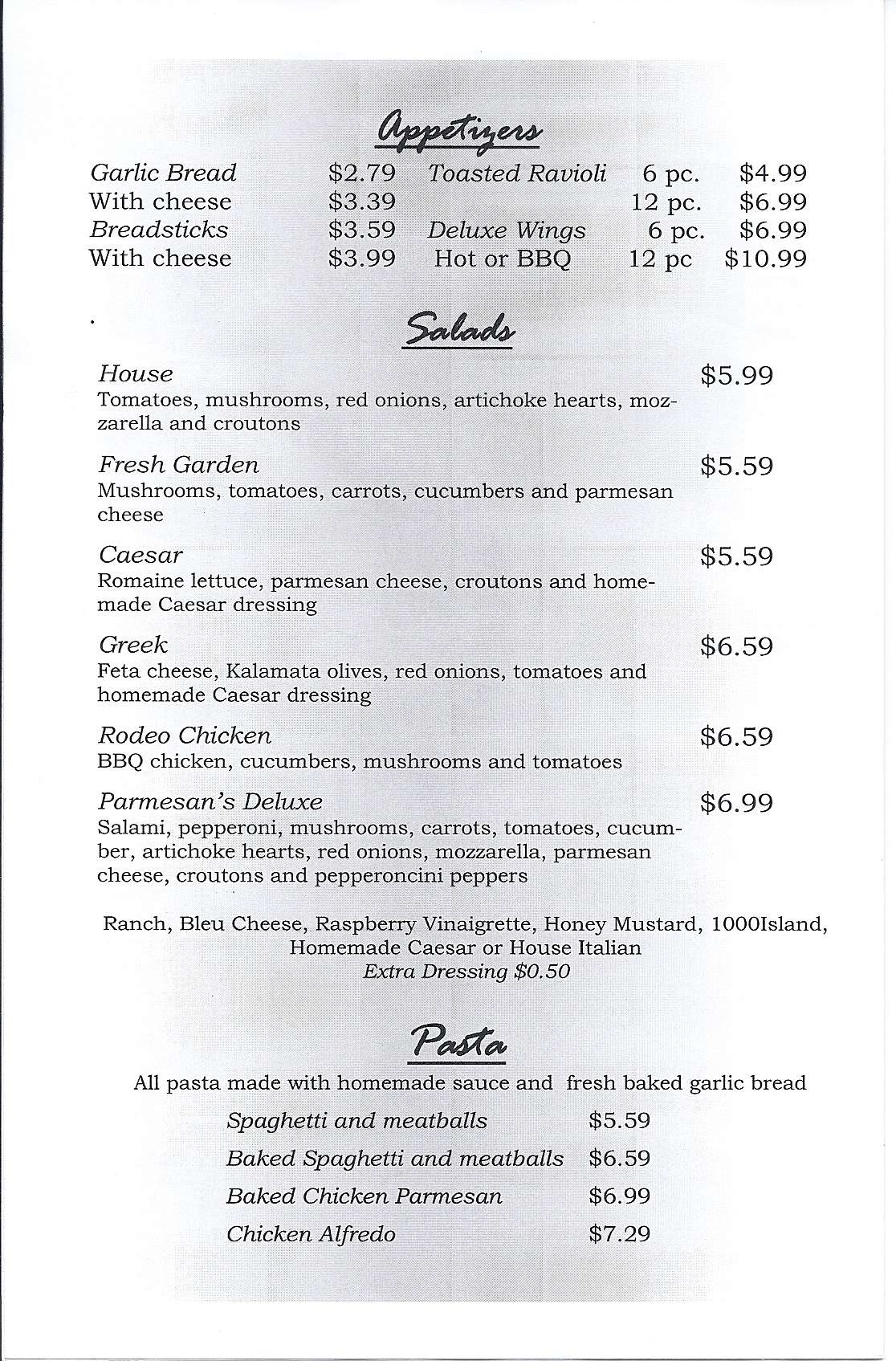 Menu at Parmesan's Pizzeria, Kimberling City